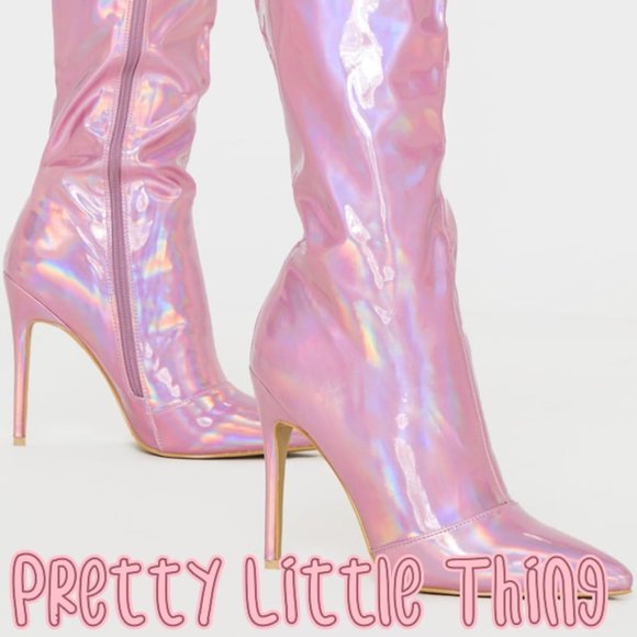 PrettyLittleThing | Shoes | Iso Pink Holographic Thigh High Boots Us Or ...